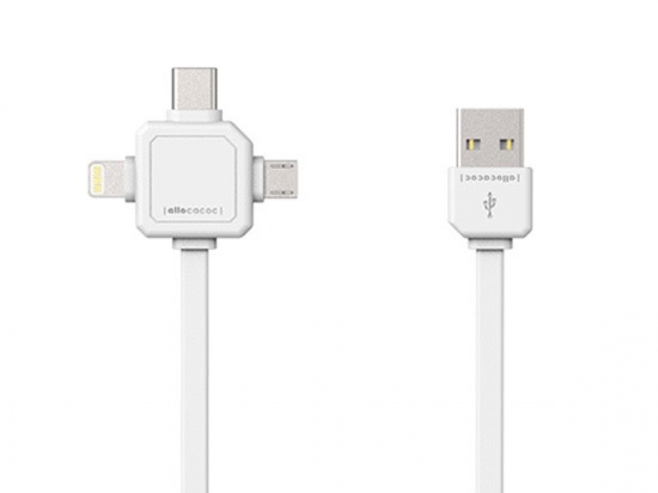 Cablu date si incarcare 3 in 1 (micro USB, USB-C, Lightning) 1.5m Alb, Allocacoc